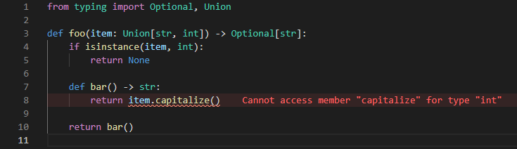 Outer type guards do not apply in nested functions · Issue #1731 · microsoft/pyright · GitHub