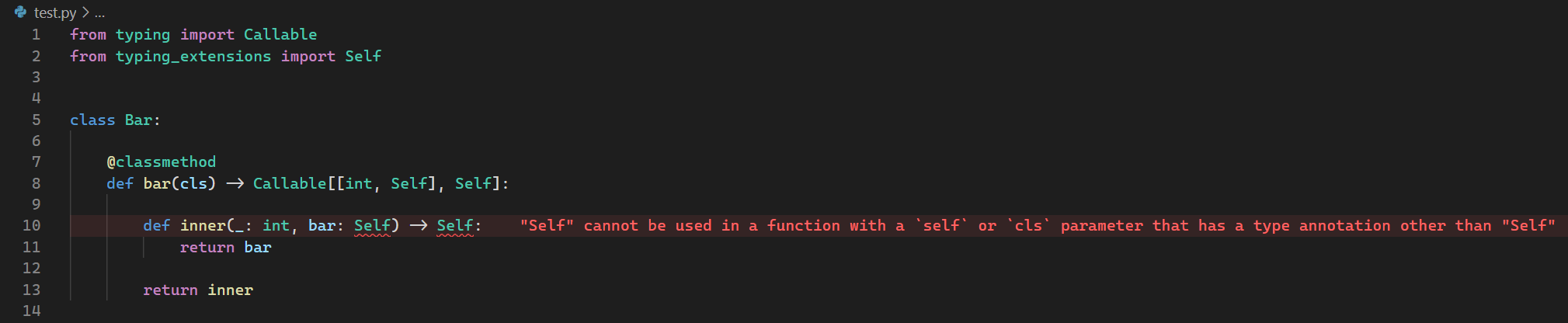 Issue with typing.Self in nested function · Issue #3151 · microsoft ...