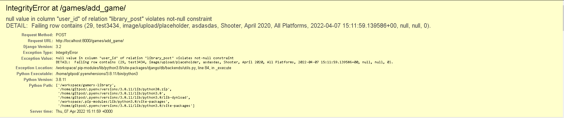 IntergrityError - null value in column "user_id" of relation "library ...