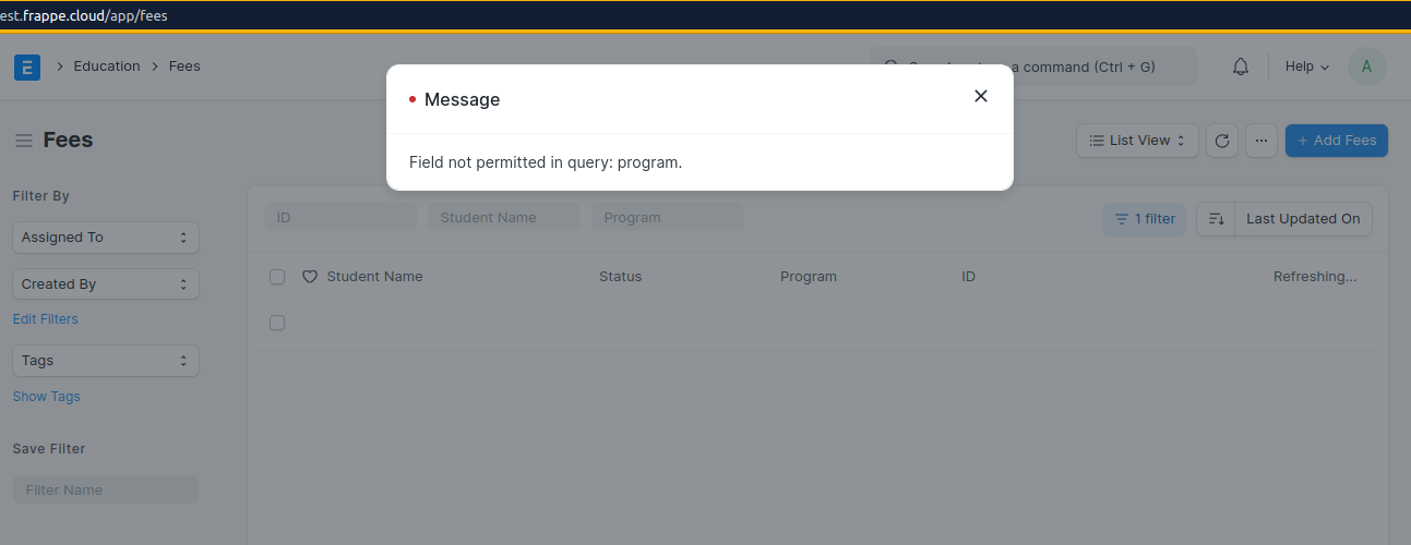 Unknown column 'tabProgram.None' in 'field list' · Issue #112 · frappe/education · GitHub