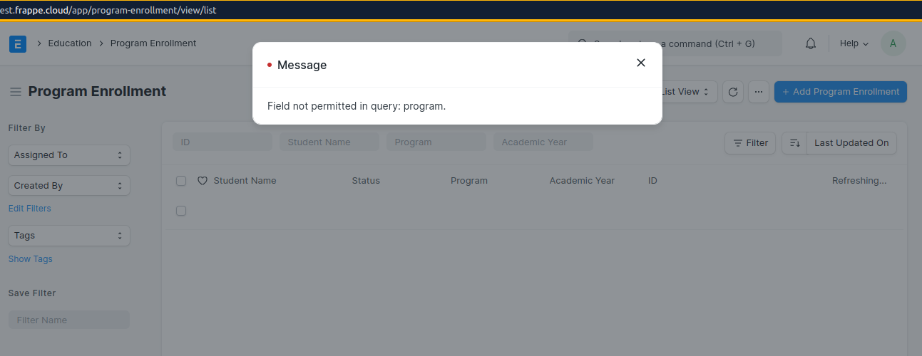 Unknown column 'tabProgram.None' in 'field list' · Issue #112 · frappe/education · GitHub