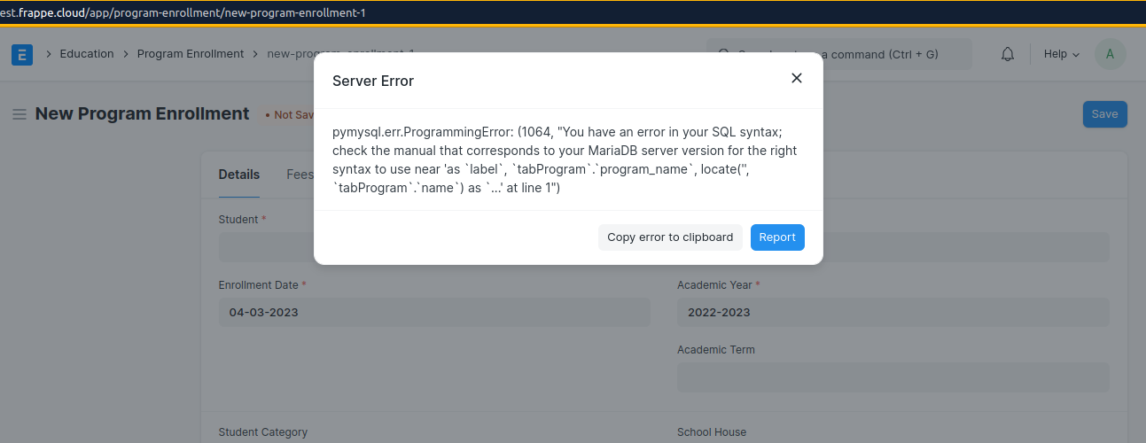 Unknown column 'tabProgram.None' in 'field list' · Issue #112 · frappe/education · GitHub