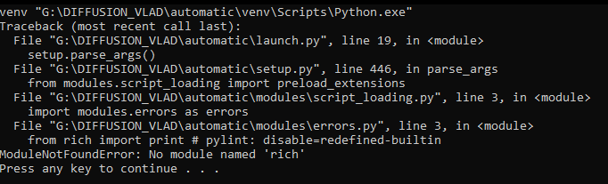 [Issue] Clean install on reports no module named rich · Issue #291 · vladmandic/sdnext · GitHub