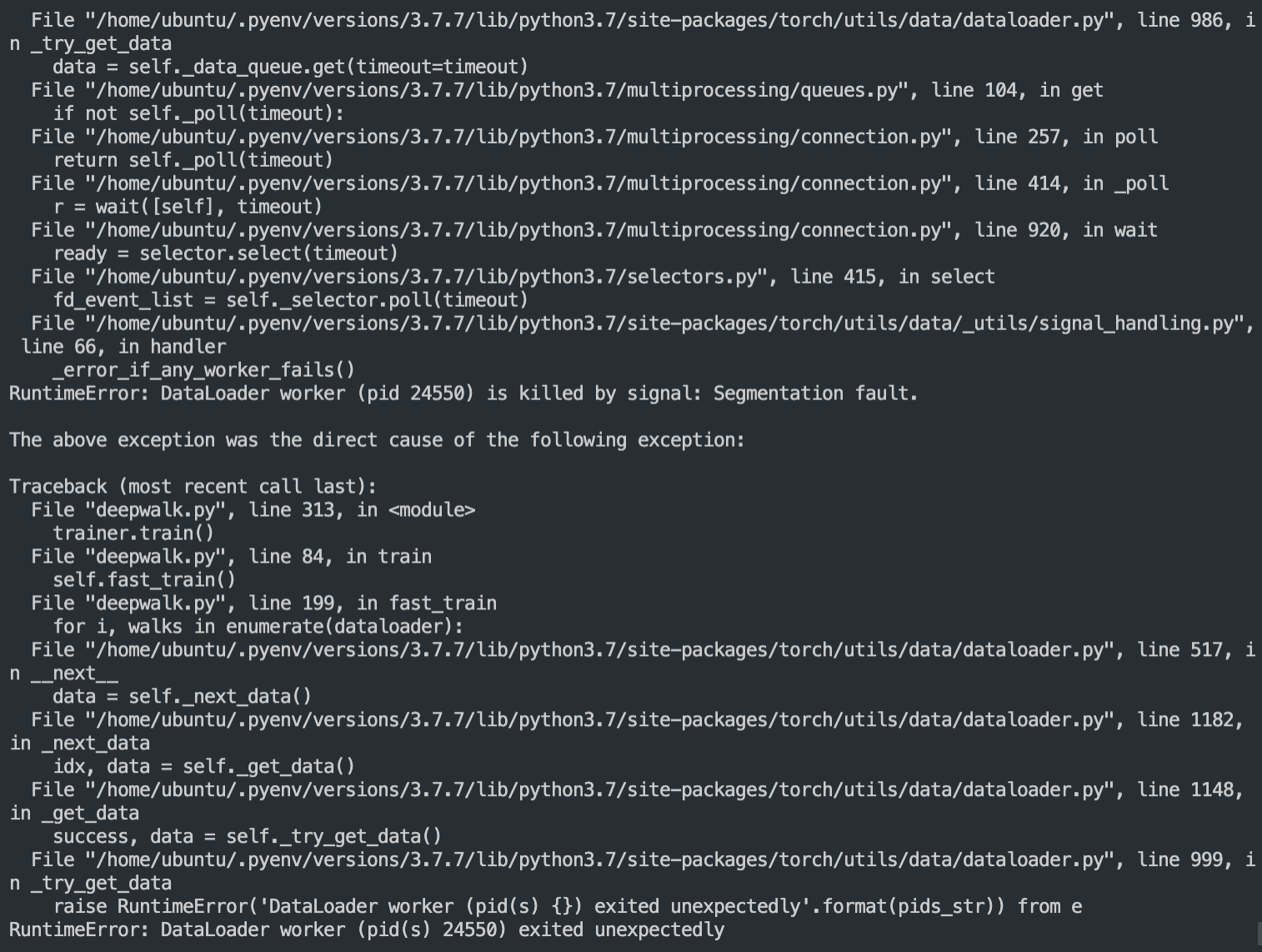 Deepwalk segfaults when using dataloader workers on PyTorch 1.8.1 · Issue #2821 · dmlc/dgl · GitHub