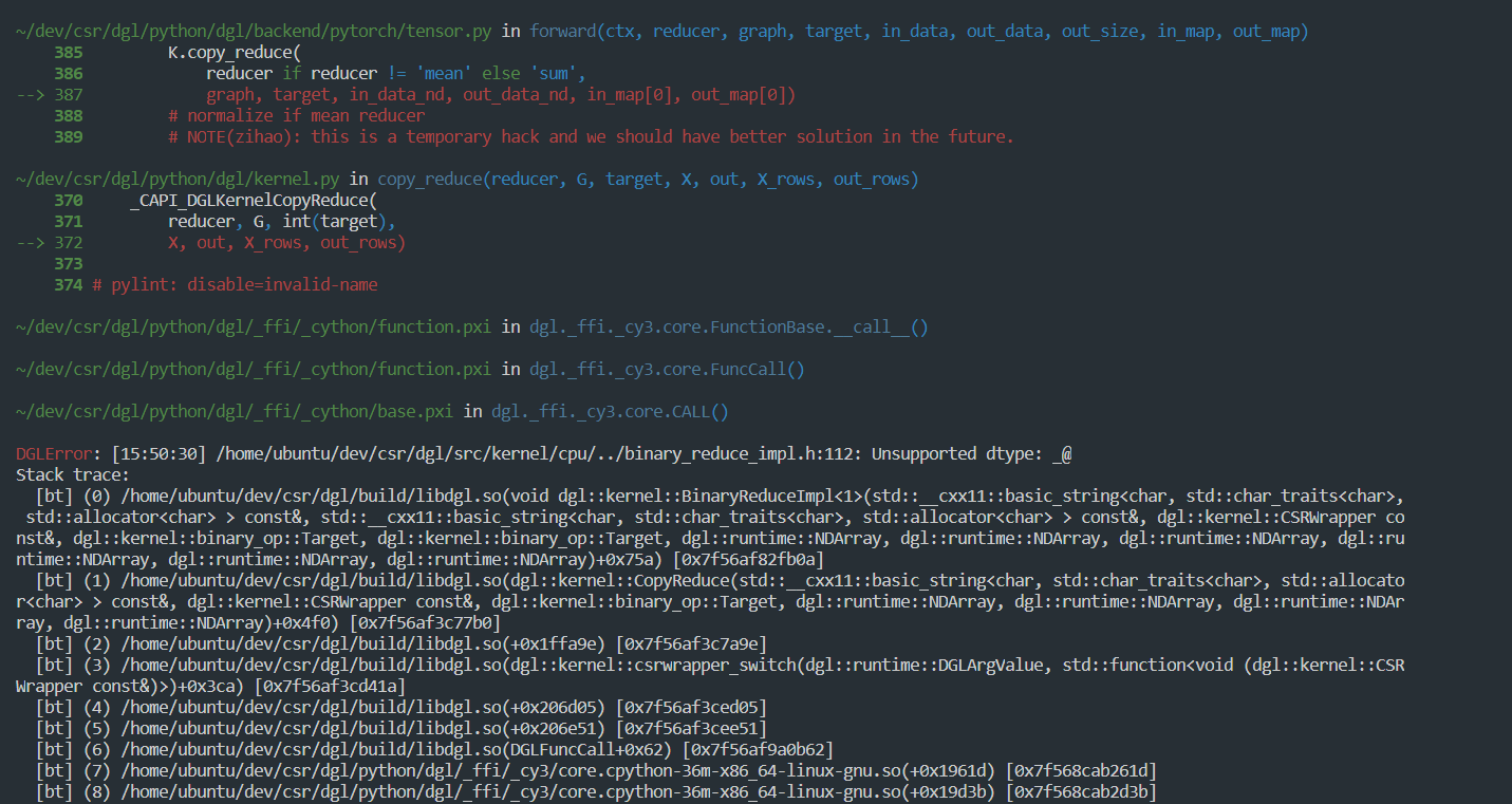 Unfriendly error message for unsupported data type in dgl's kernel · Issue #1312 · dmlc/dgl · GitHub