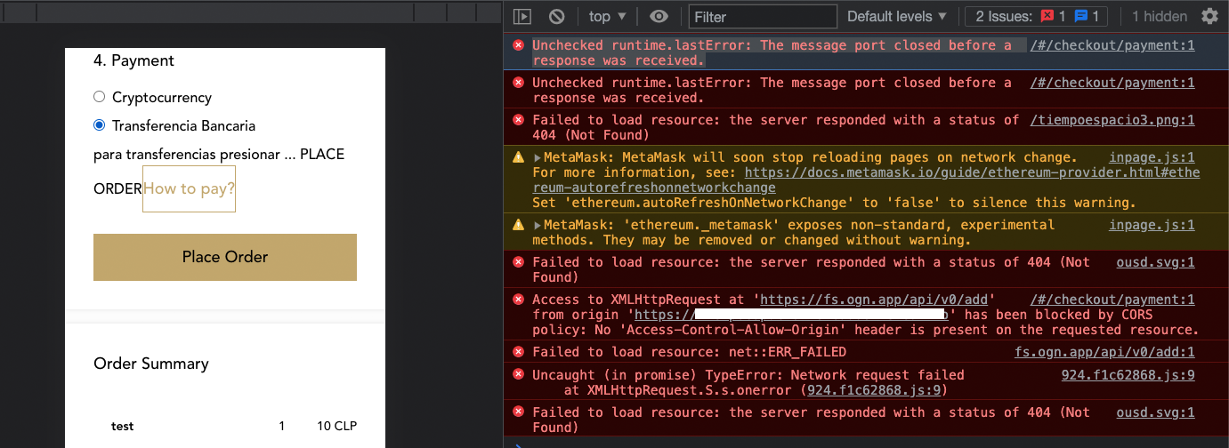 I have a problem placing the order .. ERROR ( Access to XMLHttpRequest at 'https://fs.ogn.app ...