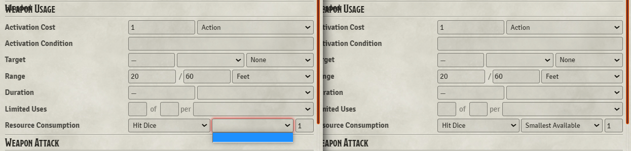 Configure resource usage for Hit Dice for non owned items · Issue #2099 · foundryvtt/dnd5e · GitHub