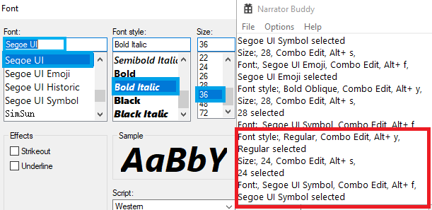 Narrator announces the wrong message when changing font properties in ...