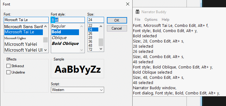 Narrator announces the wrong message when changing font properties in ...