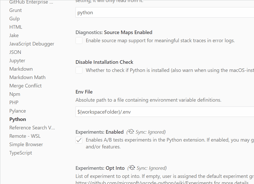 Unchecking "Experiments: Enabled" in Python setting re-checks it for Jupyter setting and vice ...