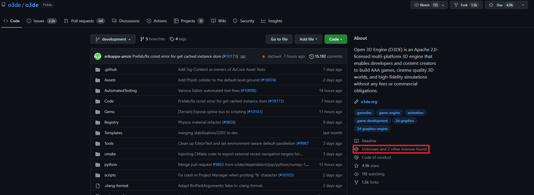 Certain GitHub O3DE repositories contain licenses named "Unknown" and ...