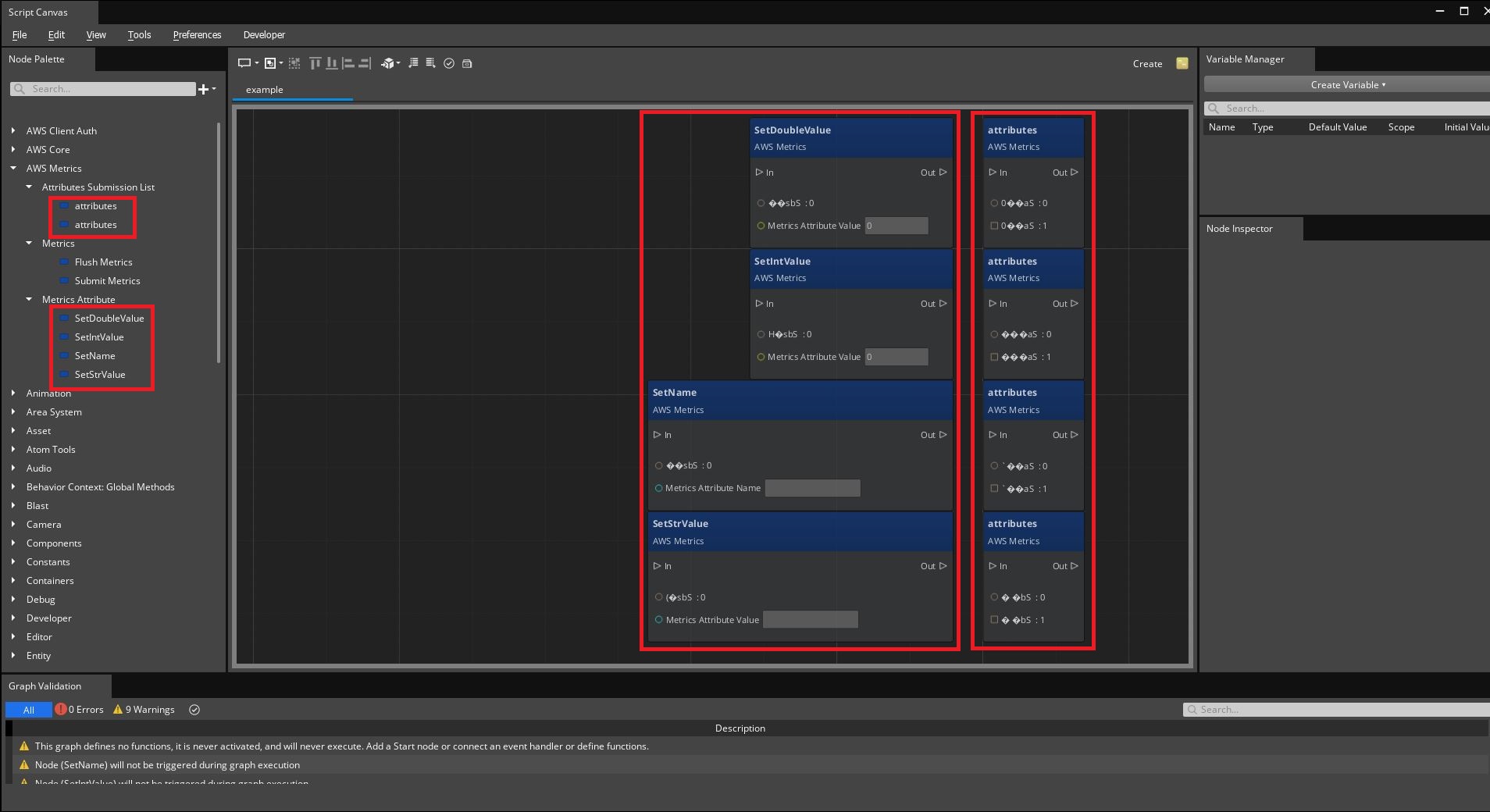 Script Canvas: The AWSMetrics nodes are corrupted · Issue #8581 · o3de/o3de · GitHub