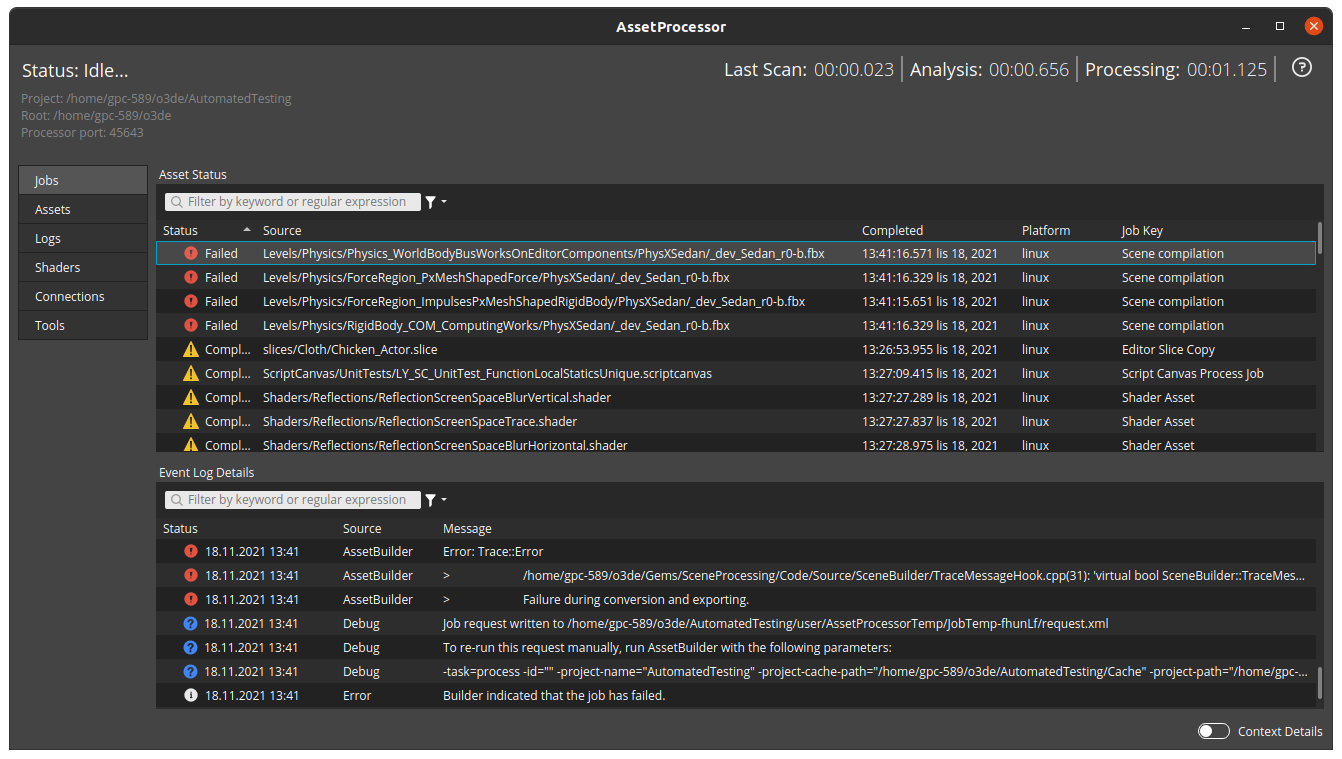 Linux: Asset Processor fails to process number of _dev_Sedan_r0-b.fbx scene compilation jobs ...
