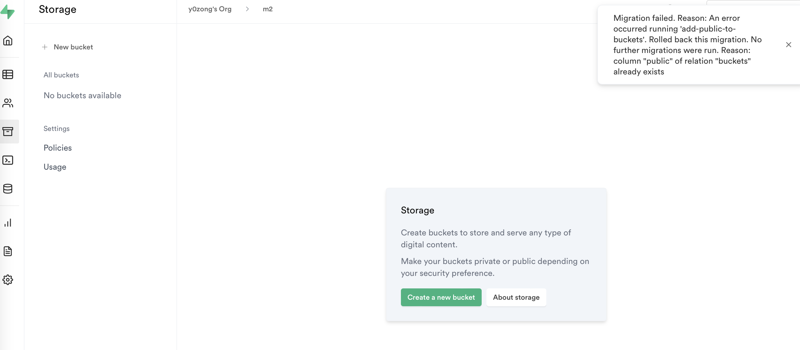 Migration failed. Reason: column "public" of relation "buckets" already exists · Issue #5507 ...
