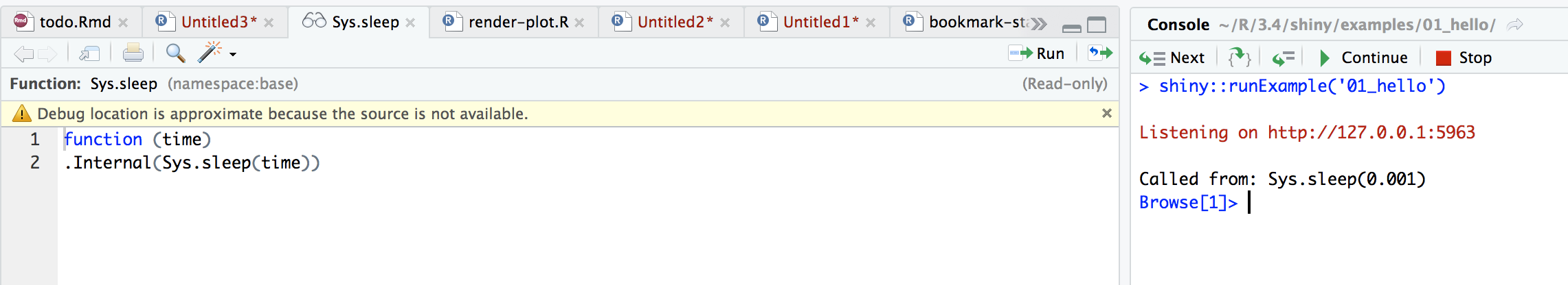 Quitting Shiny app in RStudio ends up at debugger prompt, when Shiny is installed with source ...