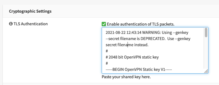 Creating new OpenVPN server captures log warning into autogenerated TLS authentication key ...
