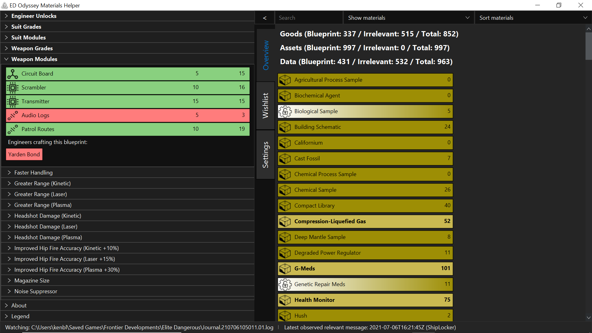 Unable to see Engineers for Stowed Reloading · Issue #22 · jixxed/ed-odyssey-materials-helper ...