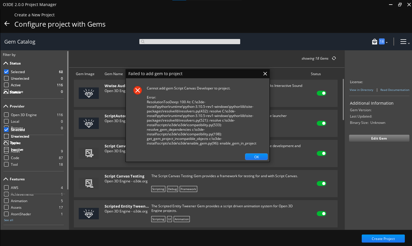 Creating a project with more than 99 gems enabled throws an error and prevents gems ...