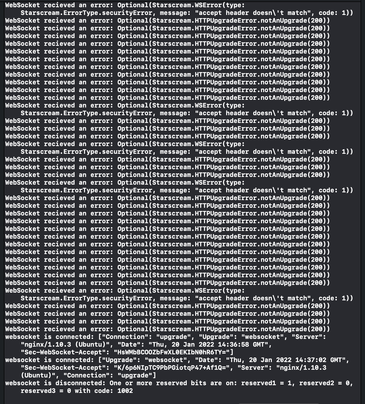 HTTPUpgradeError.notAnUpgrade(200) on iOS 15. Very hard and unstable connection · Issue #940 ...