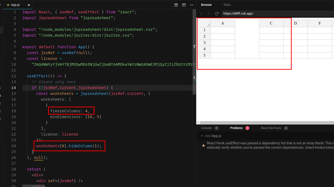 the layout breaks when using freezeColumns and hideColumn together. · Issue #114 · jspreadsheet ...