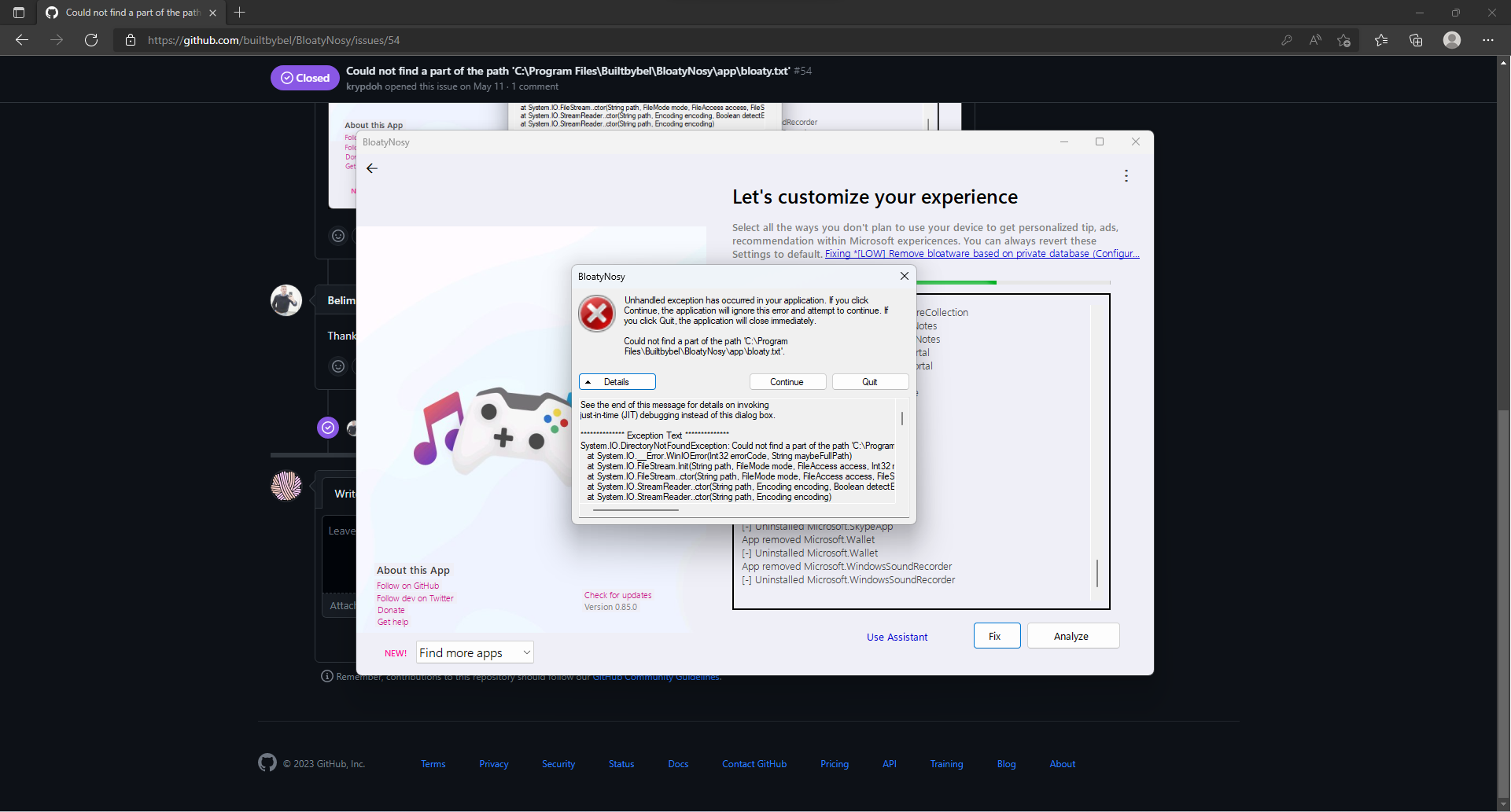 Could not find a part of the path 'C:\Program Files\Builtbybel\BloatyNosy\app\bloaty.txt ...