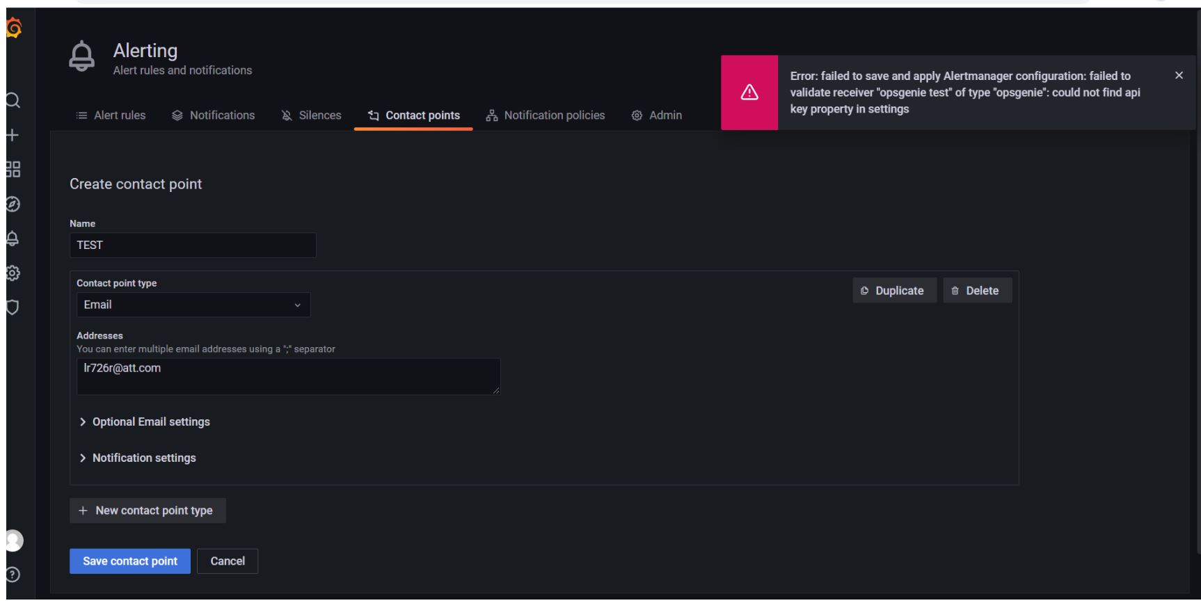Grafana 8.1.5 not able to create any new contact points or notification policies and getting ...