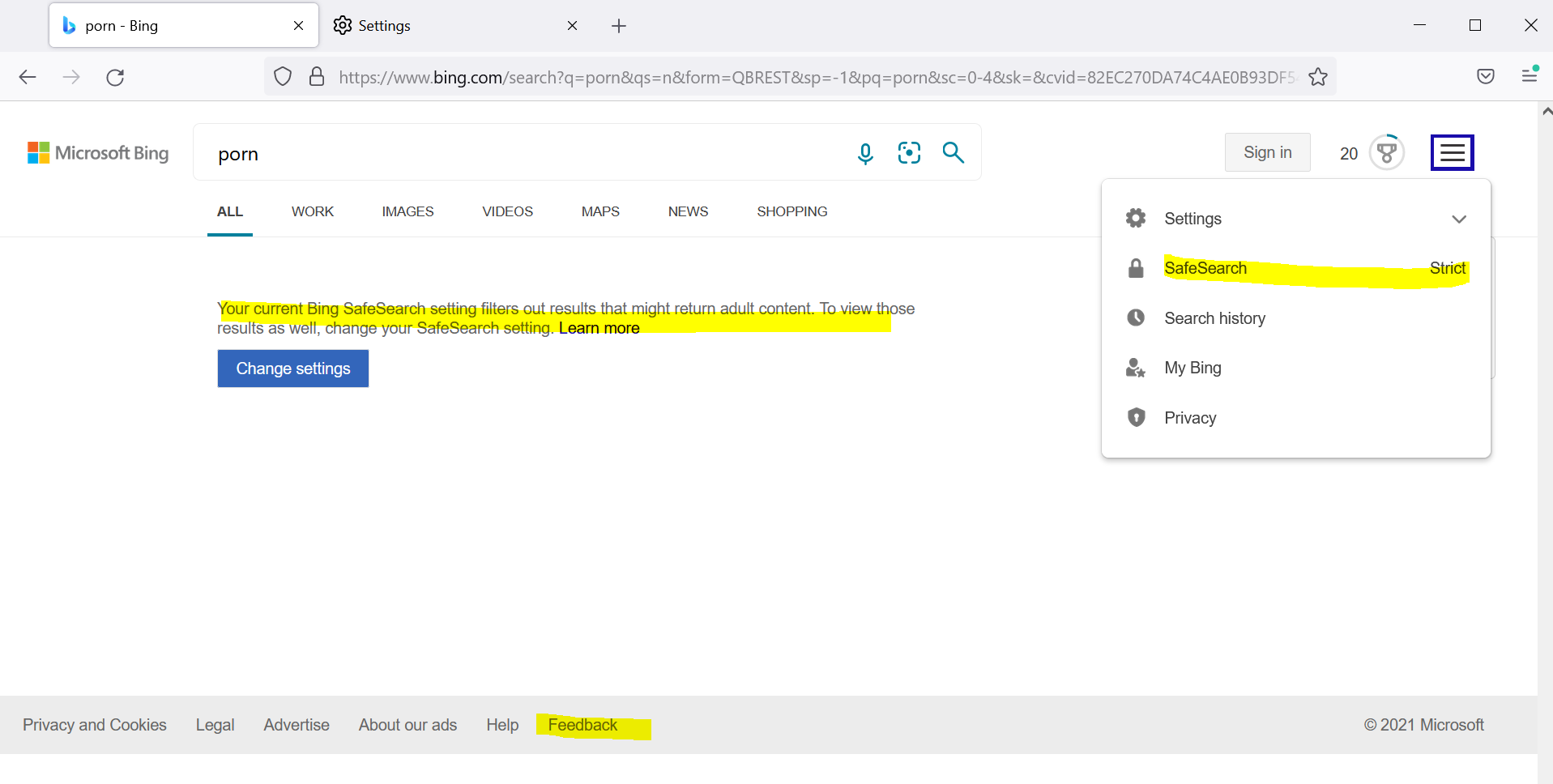 www.bing.com - "Safe search" shows as "Moderate" when changing the state to "Off" or "Strict ...