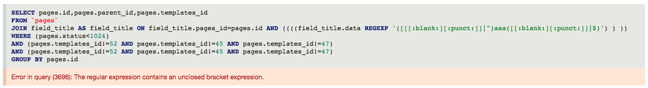 SQLSTATE[HY000]: General error: 3696 The regular expression contains an ...