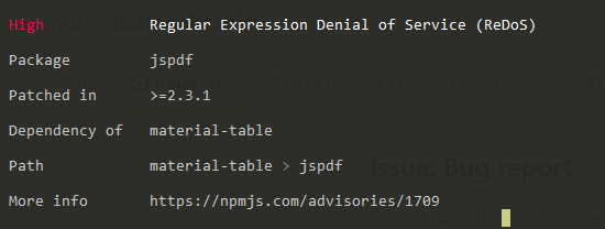 High vulnerability in dependency jspdf => Update package.json? · Issue #2965 · mbrn/material ...