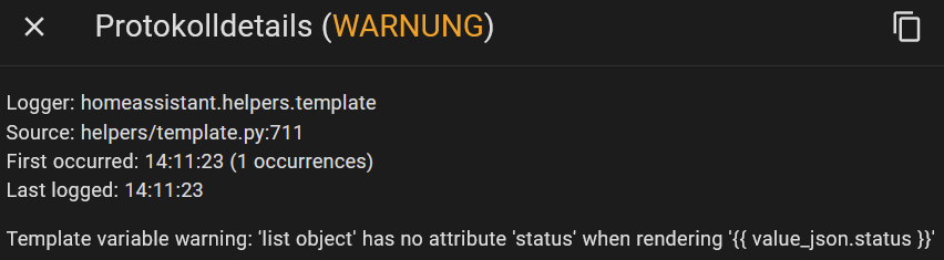 Template variable warning: 'list object' has no attribute 'status' when rendering '{{ value_json ...