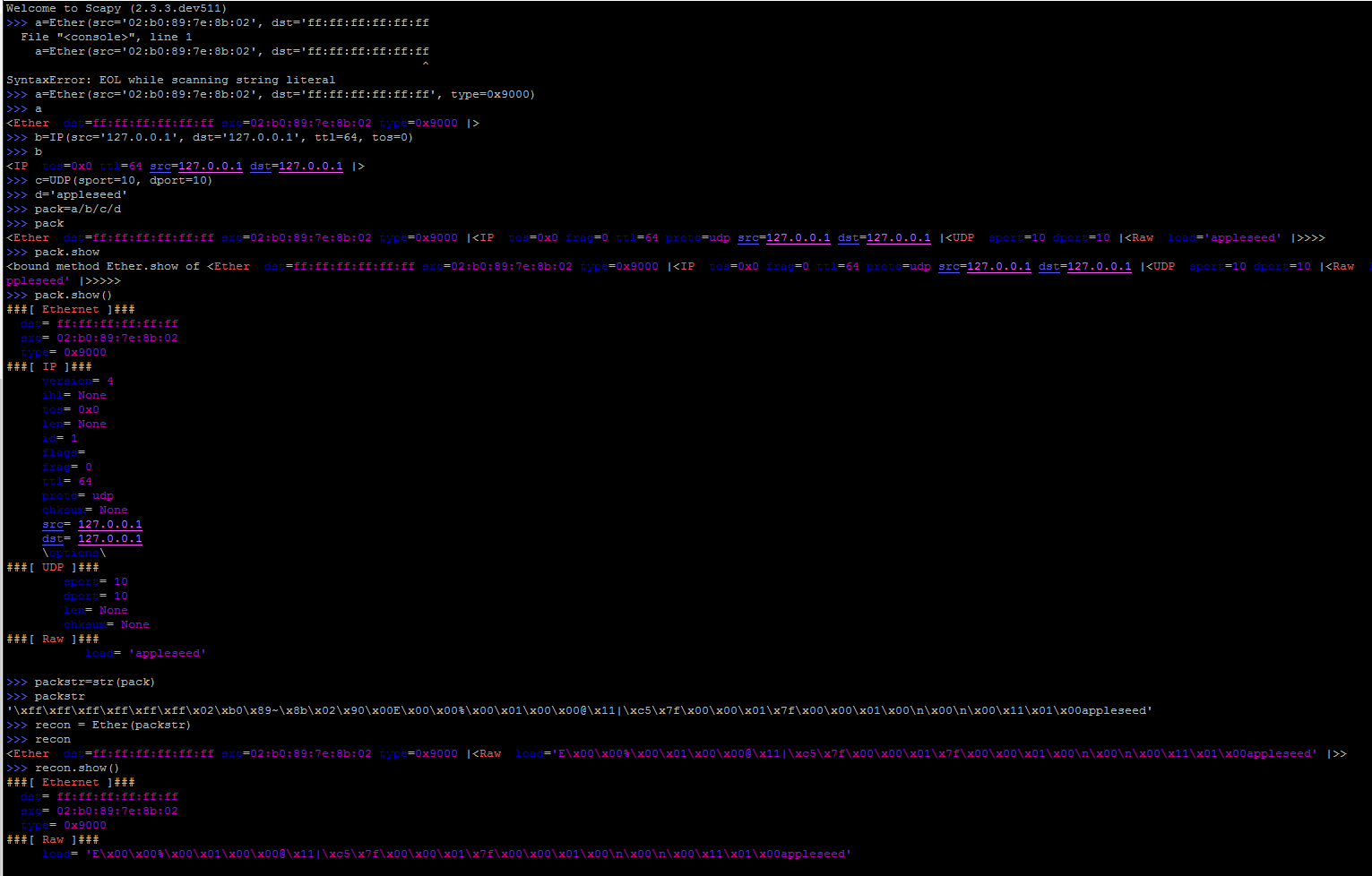 BUG: reconstruct from string stops at Ether layer · Issue #711 · secdev/scapy · GitHub