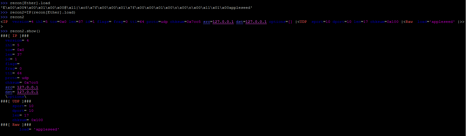 BUG: reconstruct from string stops at Ether layer · Issue #711 · secdev/scapy · GitHub