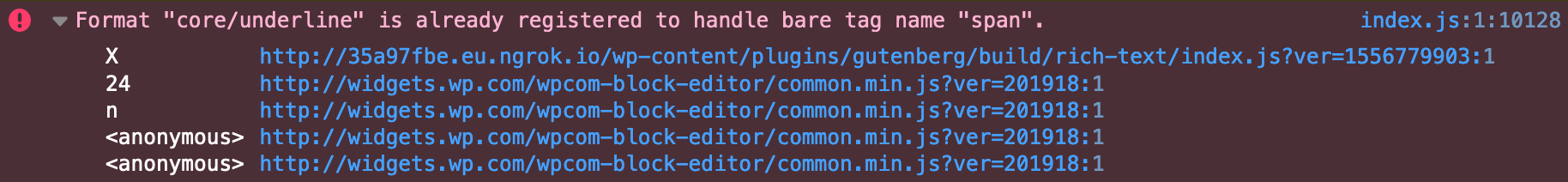 Gutenberg: format "core/underline" is already registered to handle bare tag name "span" [2 ...