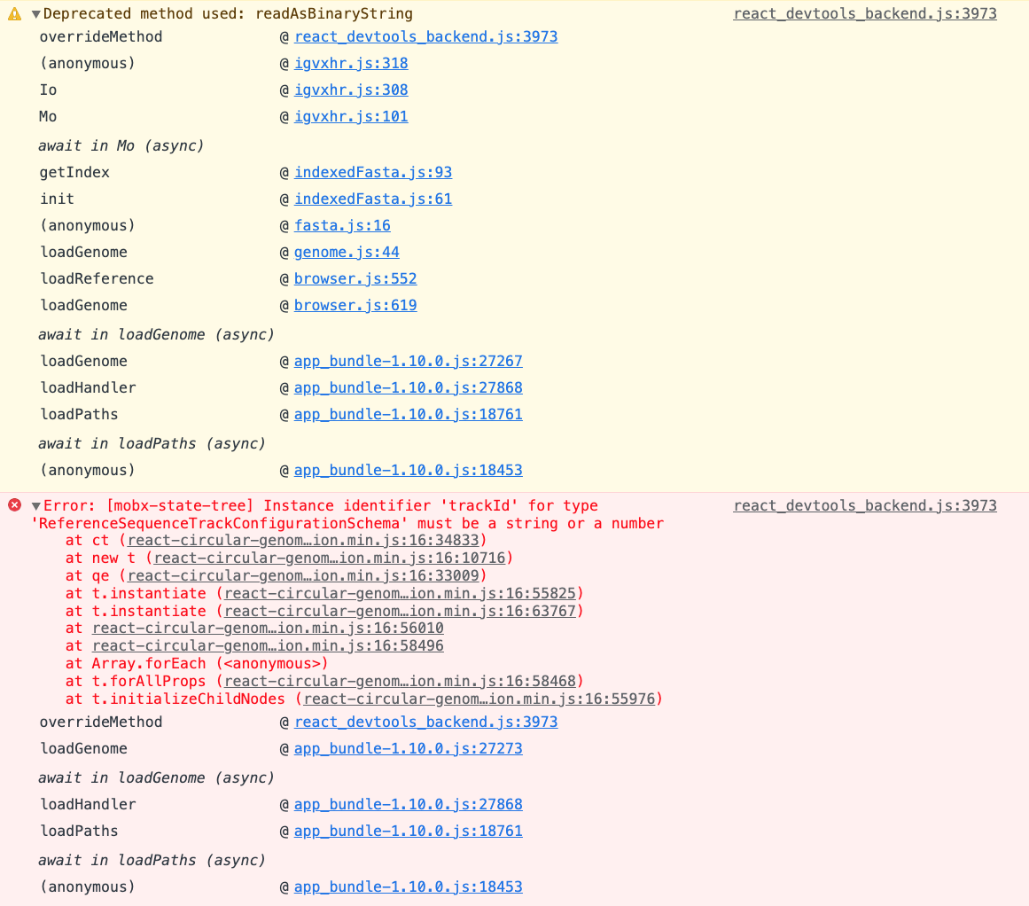 "error when loading a custom genome [mobx-state-tree] Instance identifier 'trackId' for type ...
