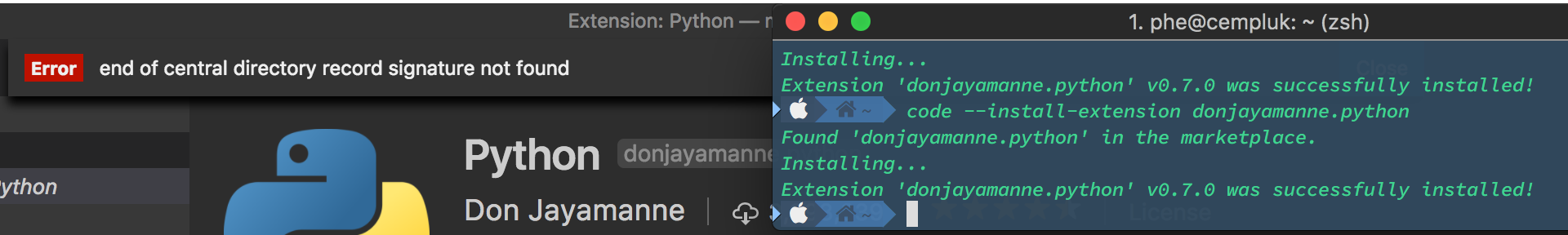 Installing Python extension: error end of central directory record ...