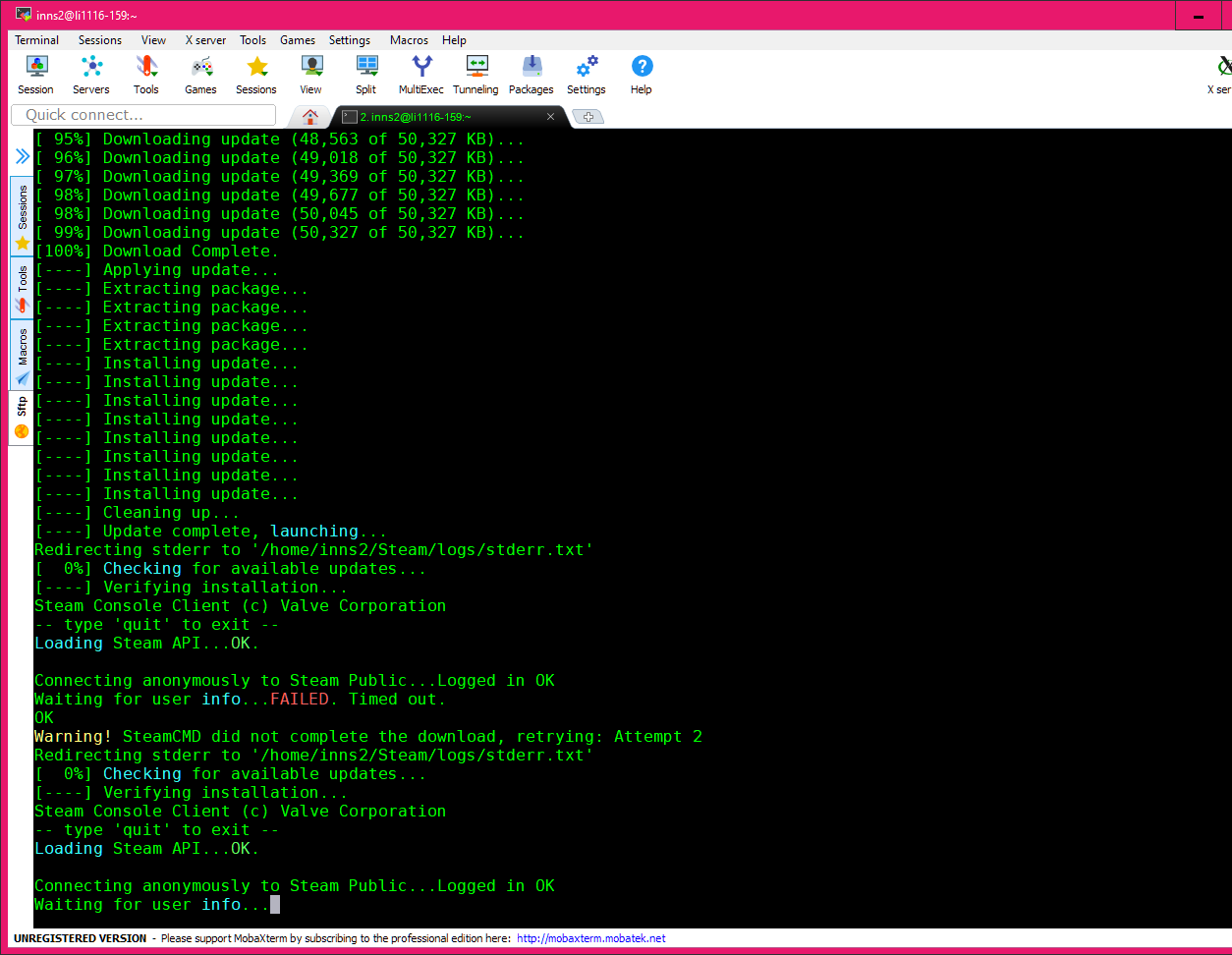 Unable to update Insurgency Sandstorm Server "Waiting for user info...FAILED. Timed out ...