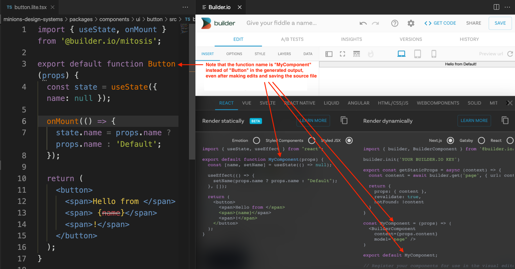 Visual Editor VSCode Plugin renames existing export default function to MyComponent when editing ...