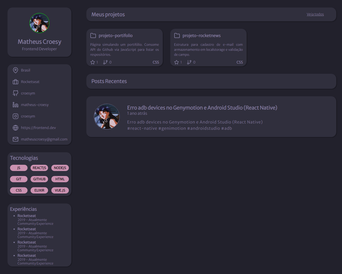 GitHub - croesym/projeto-portifolio: Página simulando um portifólio. Consome API do Github via ...