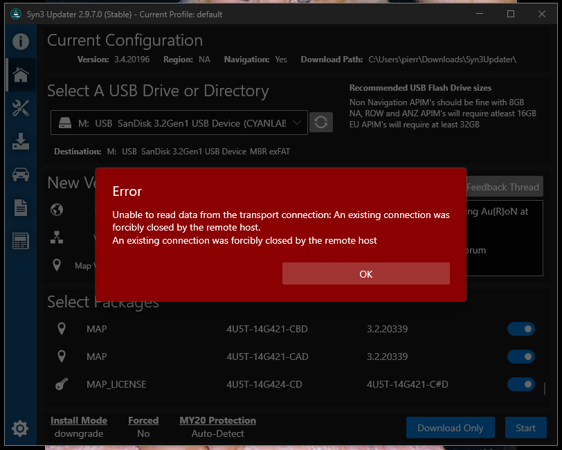 When attempting to down load the SYNC 3.4 update files I get a download error " Unable to read ...