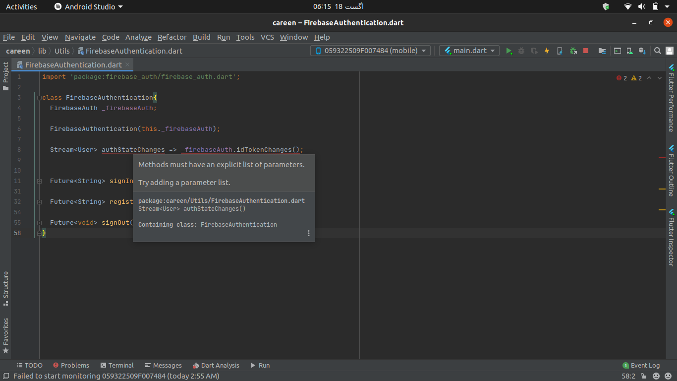 Stream get authStateChanges => _firebaseAuth.idTokenChanges(); · Issue #2 · RobertBrunhage ...