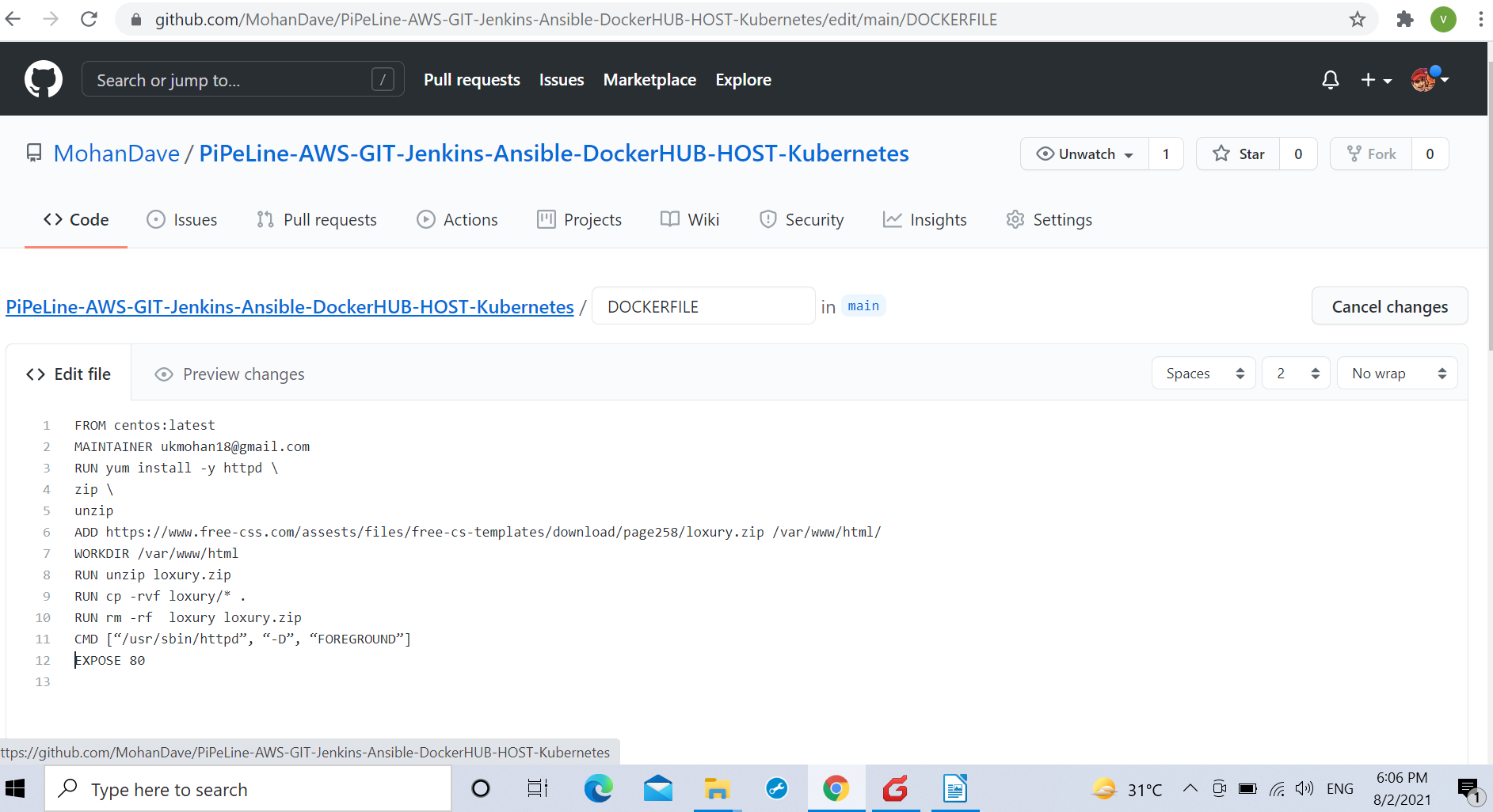 Github Mohandavepipeline Aws Git Jenkins Ansible Dockerhub Host Kubernetes