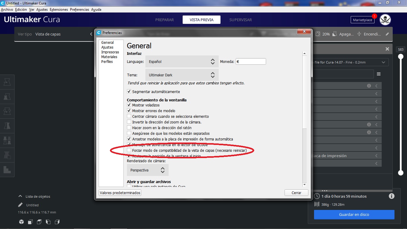 Cura does not let me see the "layer thickness" option or the "simulation" after laminating ...