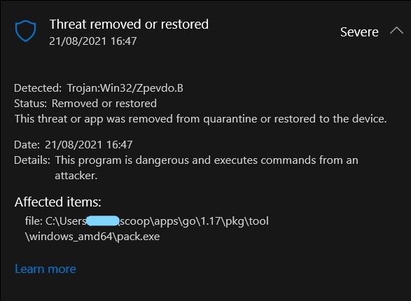 Go 1.17 installed from scoop has been detected as trojan by Windows ...