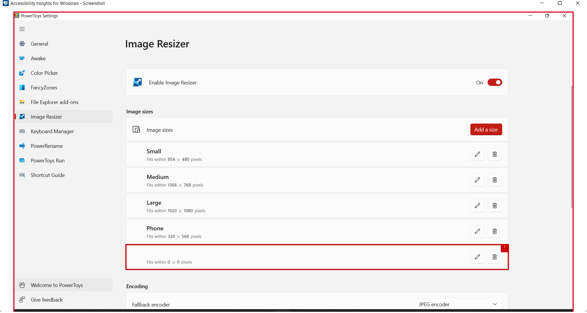 [Image Resizer - Add a size]: The name property of an element should not contain class names ...