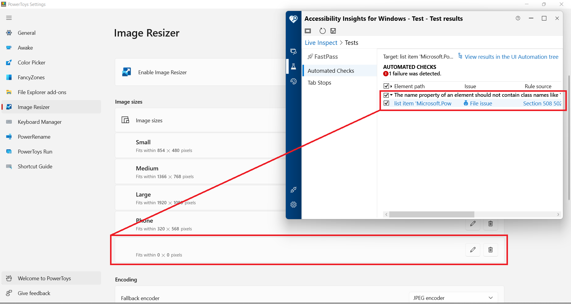 [Image Resizer - Add a size]: The name property of an element should not contain class names ...