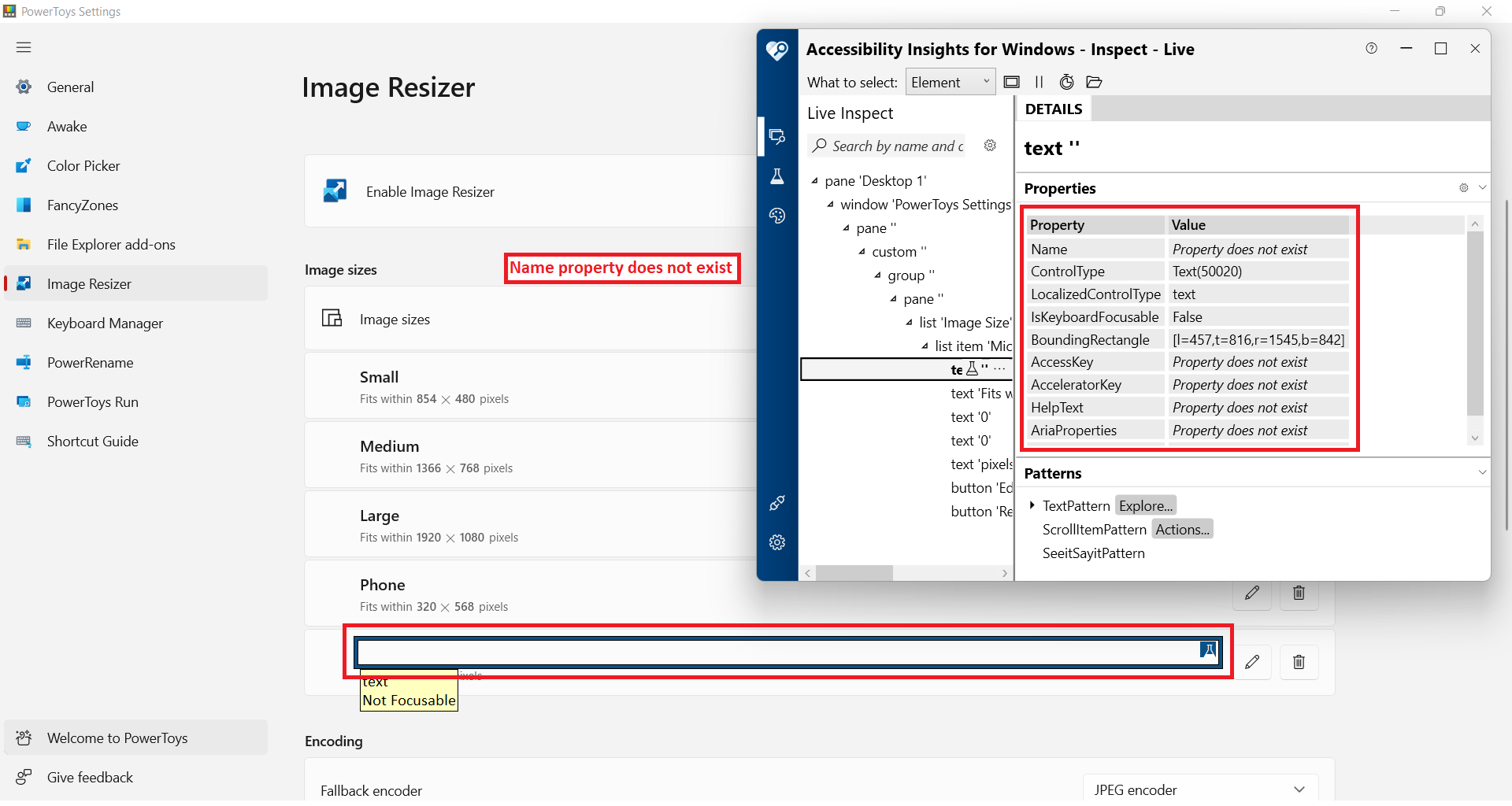 [Image Resizer - Add a size]: The name property of an element should not contain class names ...