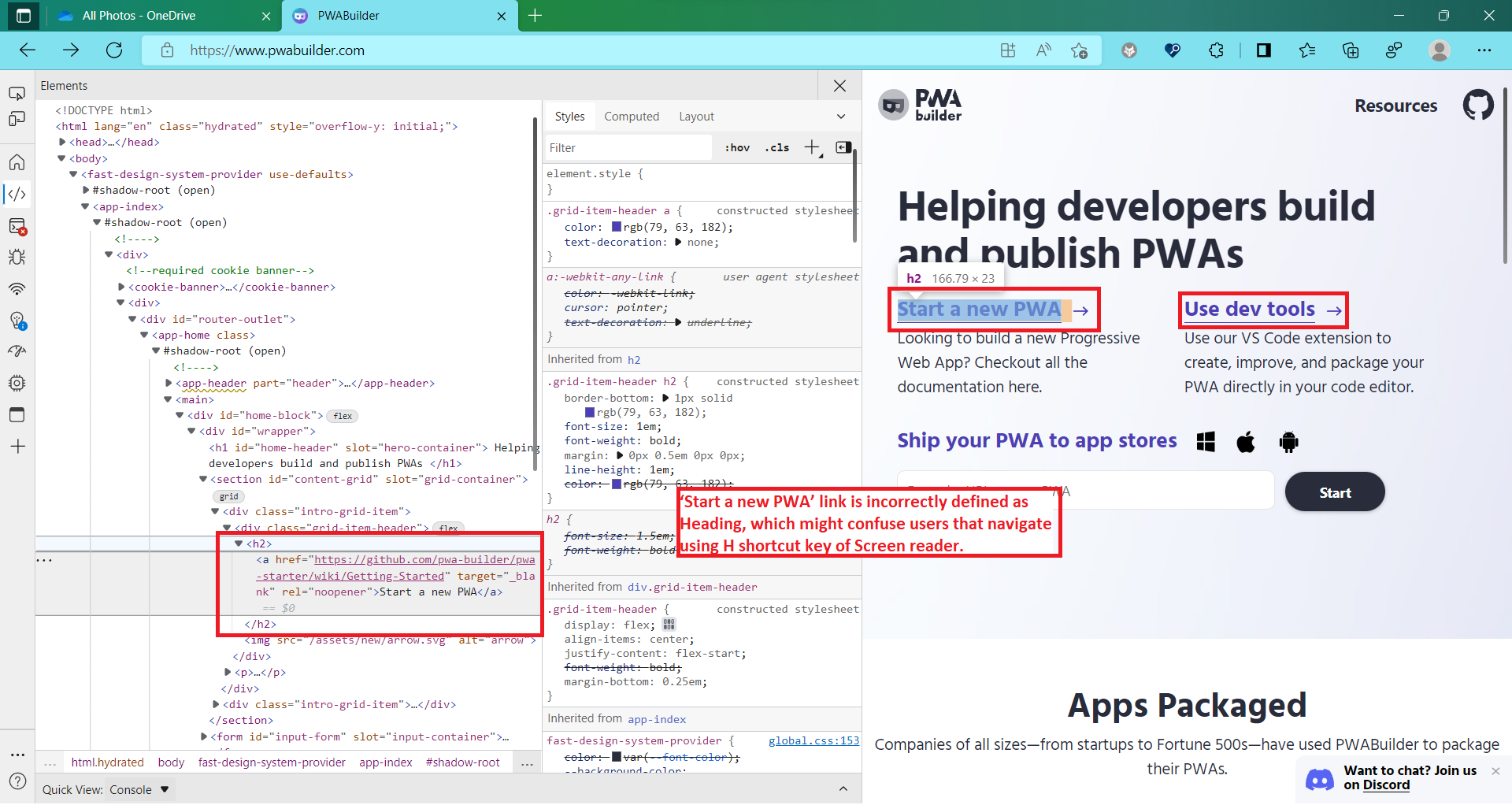 [PWA Builder - Helping Developers section]: ‘Start a new PWA’ link is incorrectly defined as ...