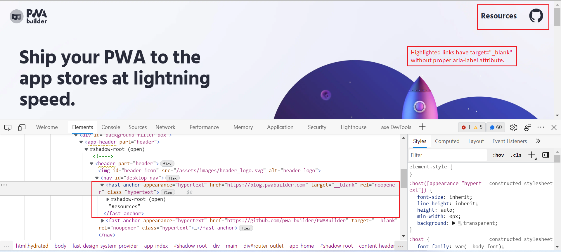 [PWA Builder-Home]: Link 'Resources' contain target="_blank" without ...