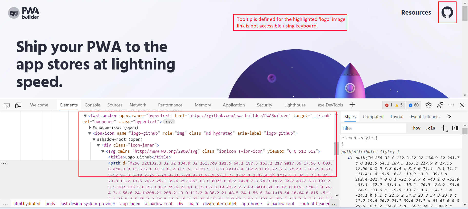 [PWA Builder-Home]: Tooltip defined for the 'Logo Github' link is not accessible via keyboard ...