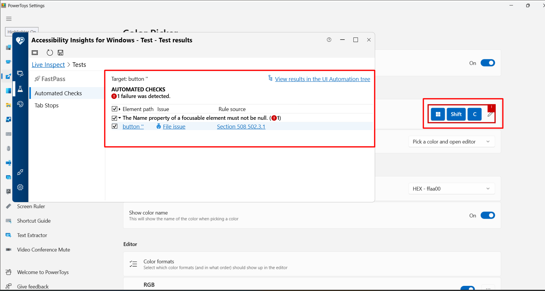 [Power Toys- Color Picker]: The Name property of a focusable element must not be null. · Issue ...